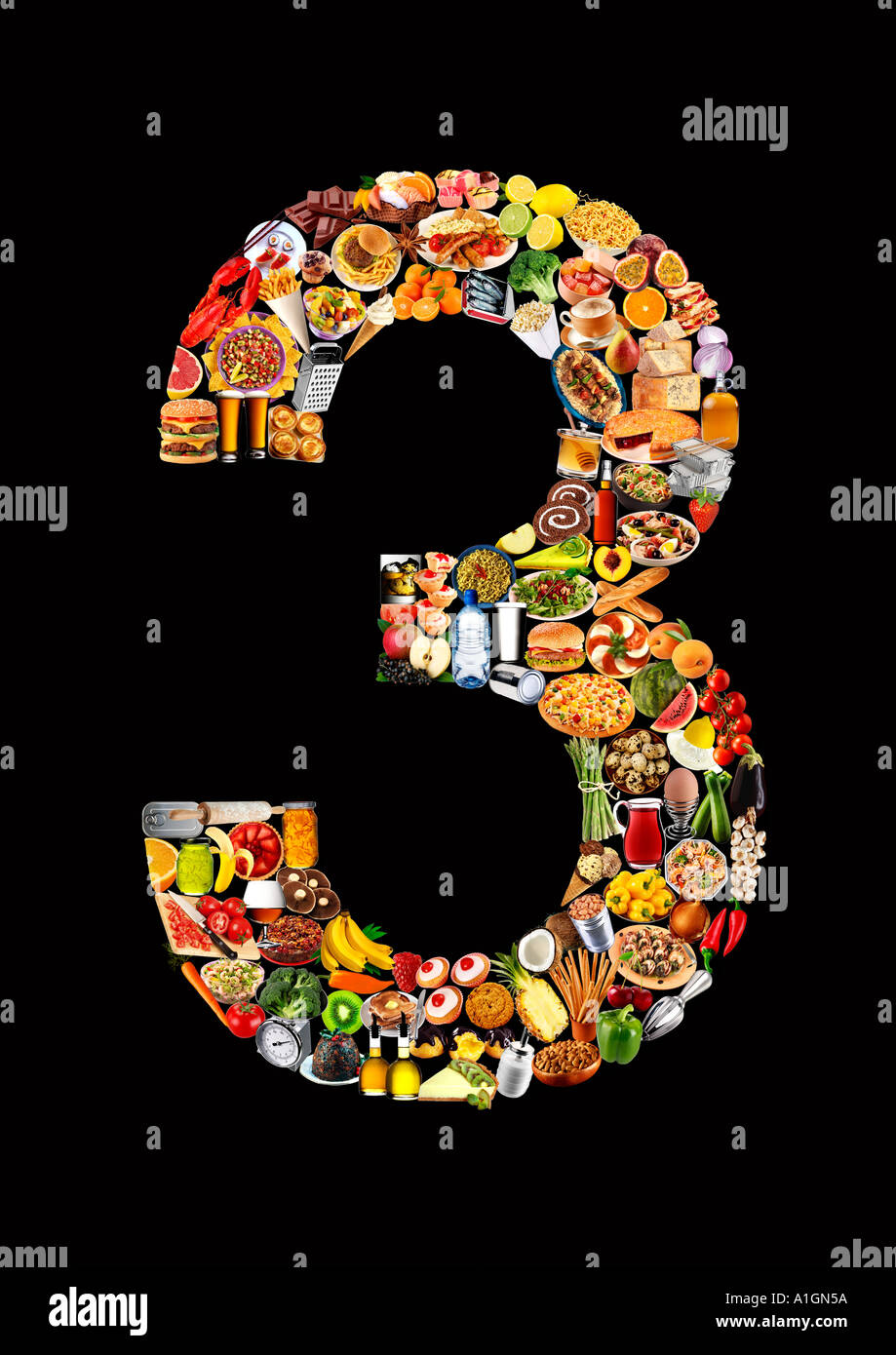 FOODFONT NUMBER THREE ON BLACK Stock Photo - Alamy