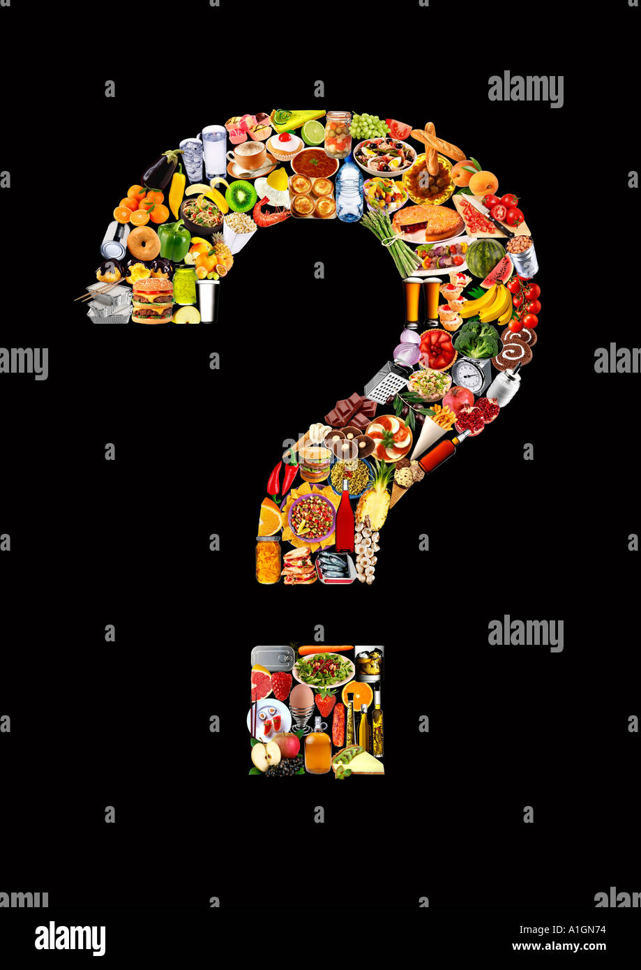 FOODFONT QUESTION MARK ON BLACK Stock Photo - Alamy