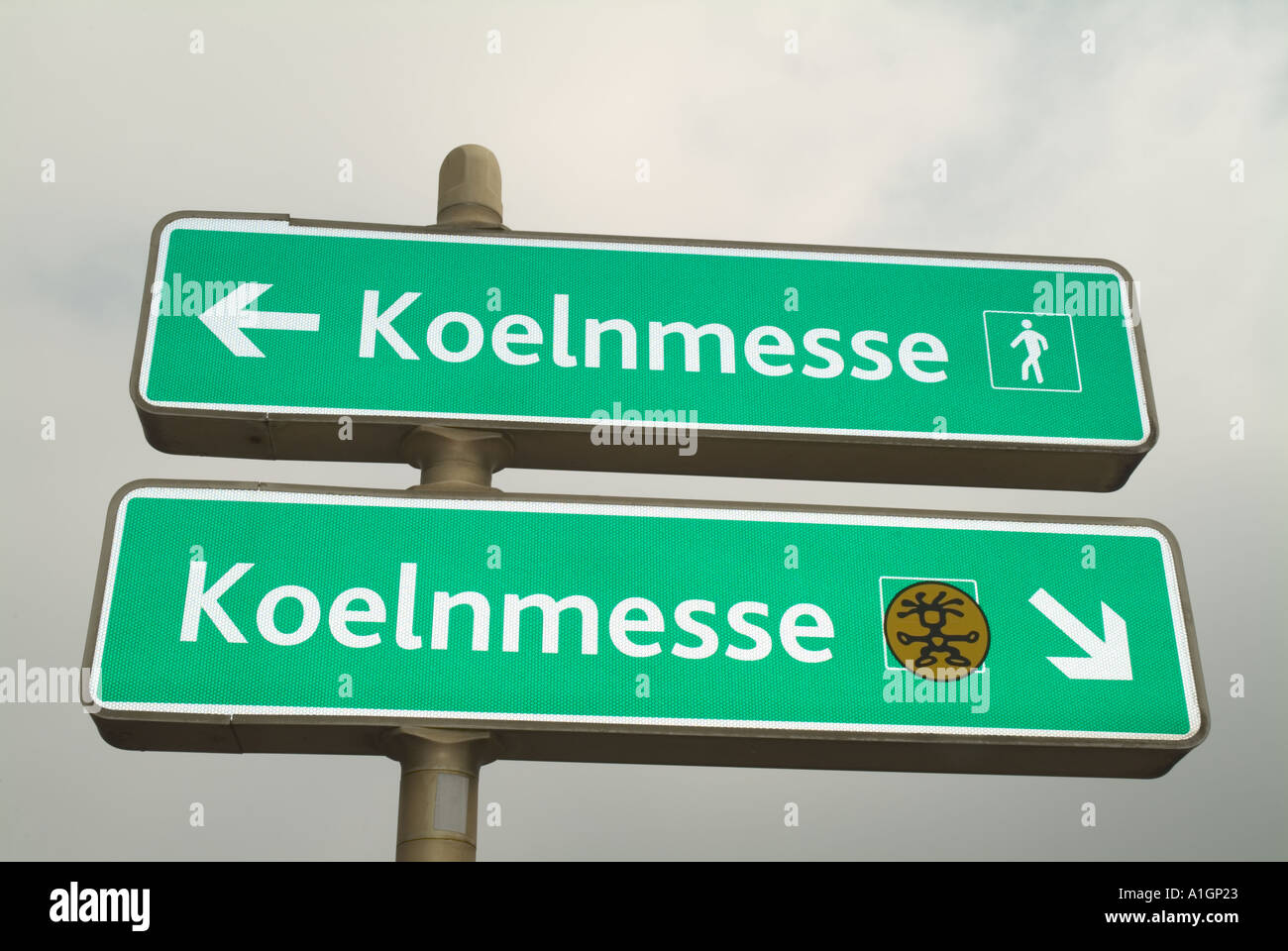 Signs for the Koln Messe or exhibition centre Cologne Germany Europe ...