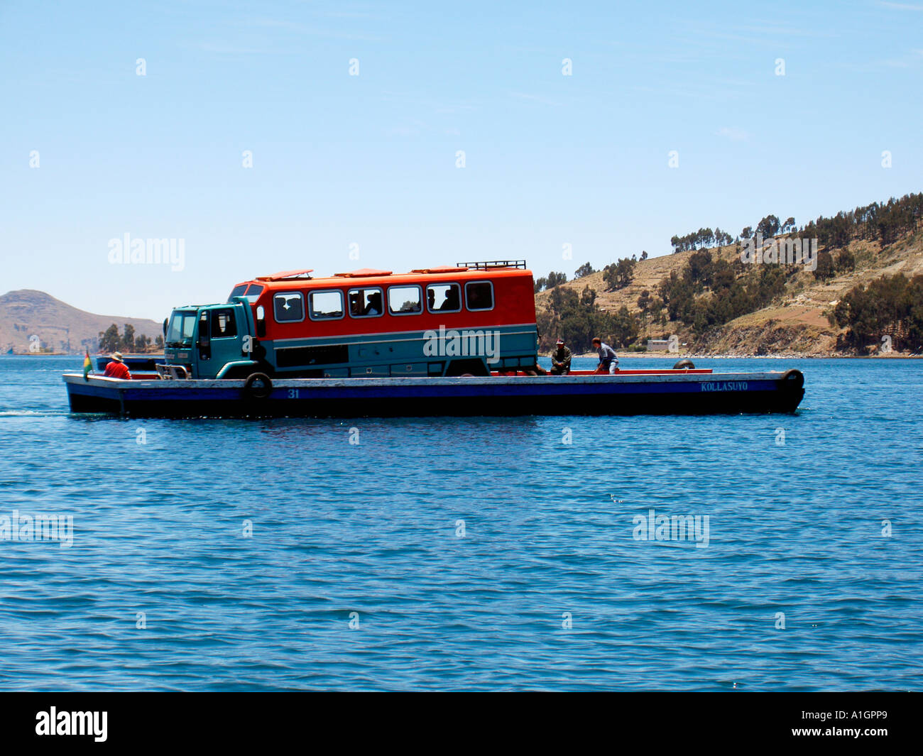 Expedition bus crossing Lake Titicaca between Tiguina in Bolivia and ...