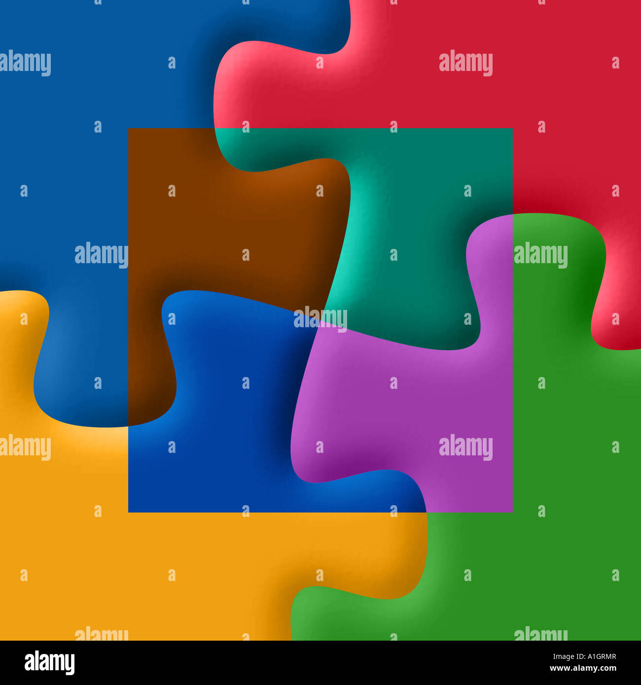 Closeup of four jig saw puzzle pieces in strong colors Stock Photo - Alamy
