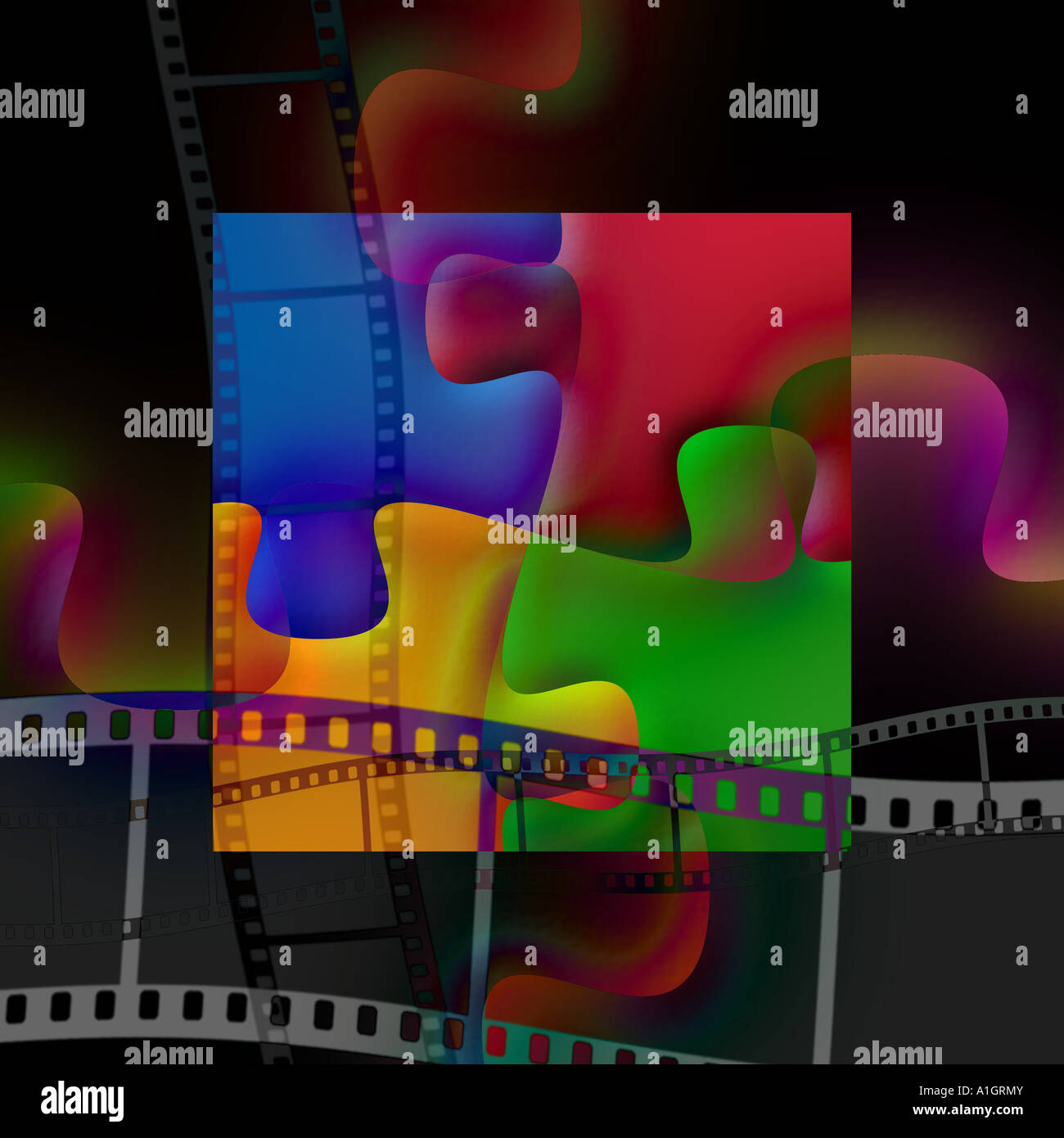 Closeup of four jig saw puzzle pieces in strong colors with wavy film ...