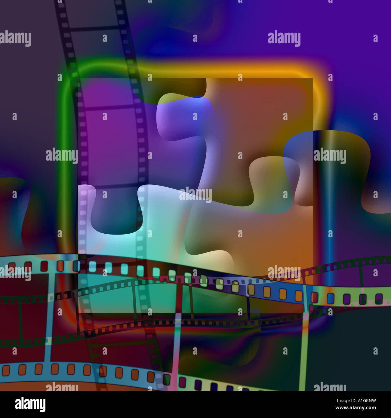 Closeup of four jig saw puzzle pieces in explosive or vibrant colors ...