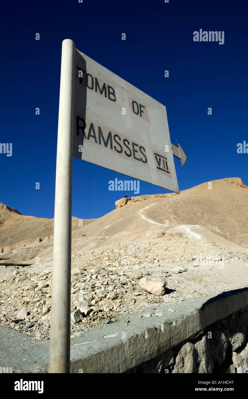 Sign showing the route to the grave of Rameses VII in Valley of the ...