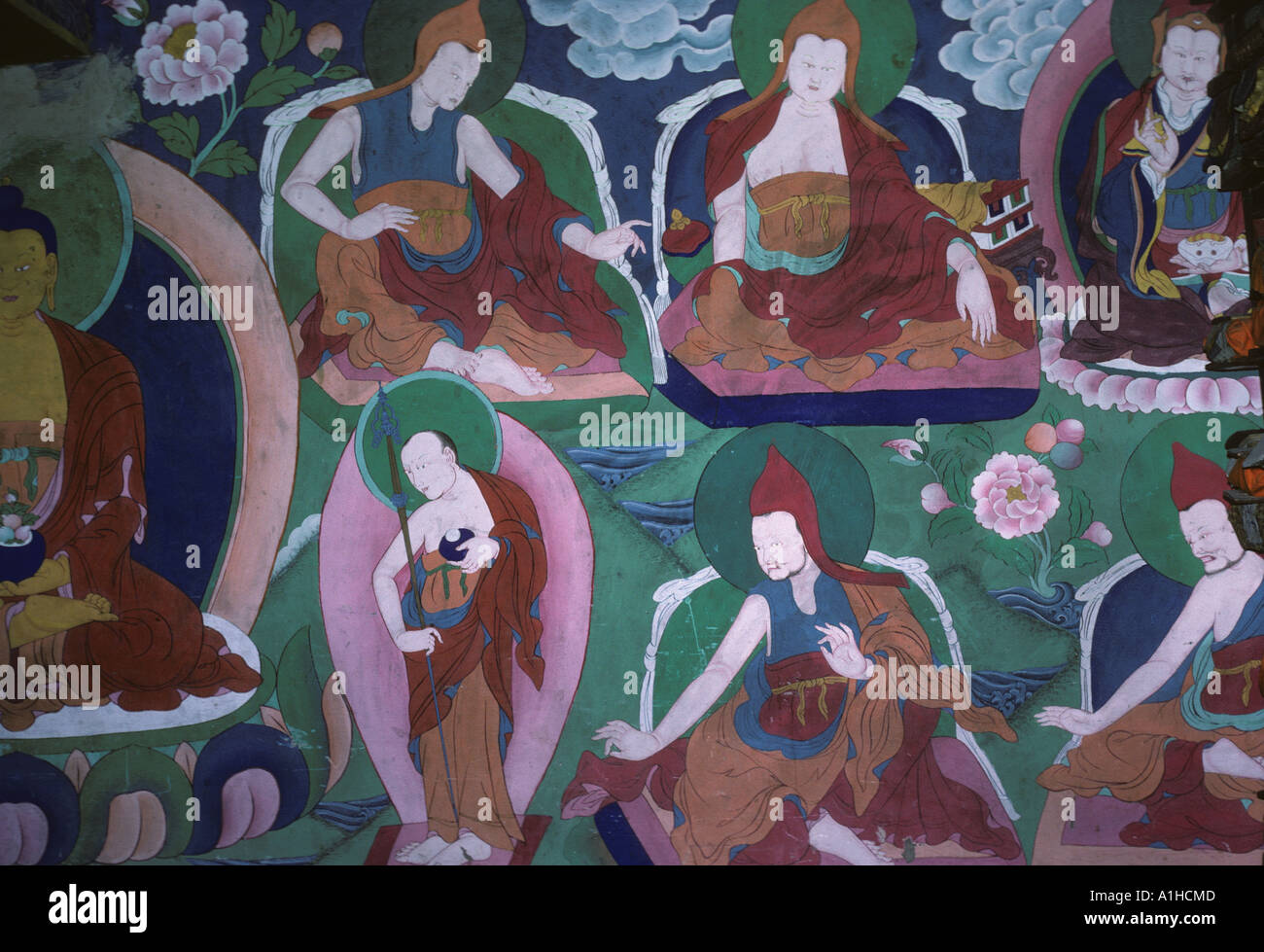 Mural wall painting at Phyang Gompa also known as fyang or Gouon Gompa ...