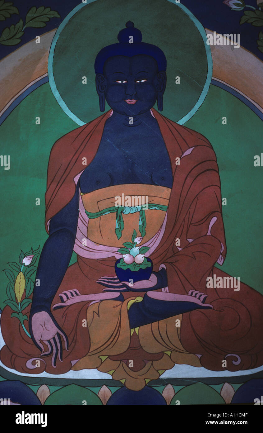 Wall painting of Buddha at Phyang Gompa also known as fyang or Gouon ...