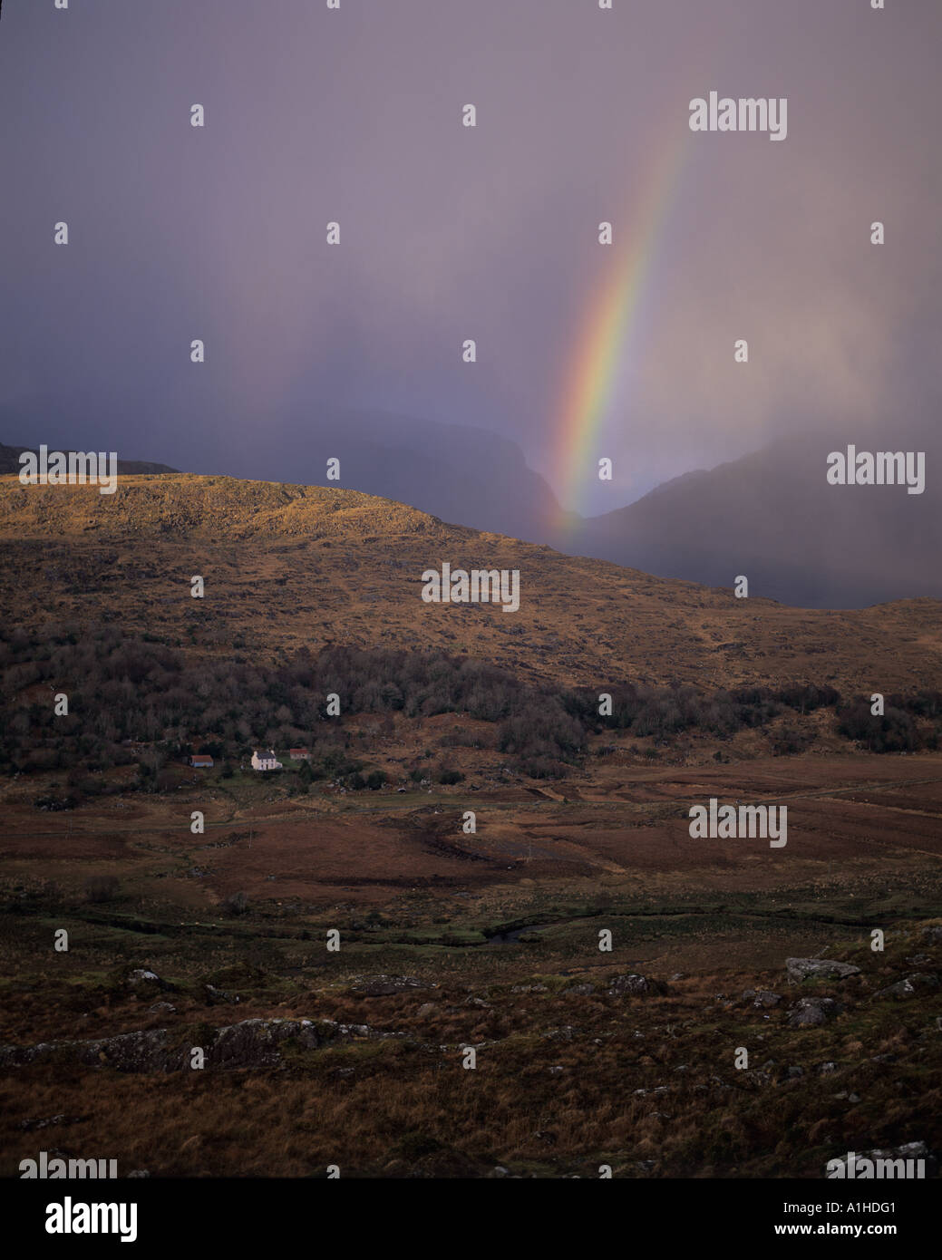 rainbow lurks from behind a hill side with rain clouds passing behind ...