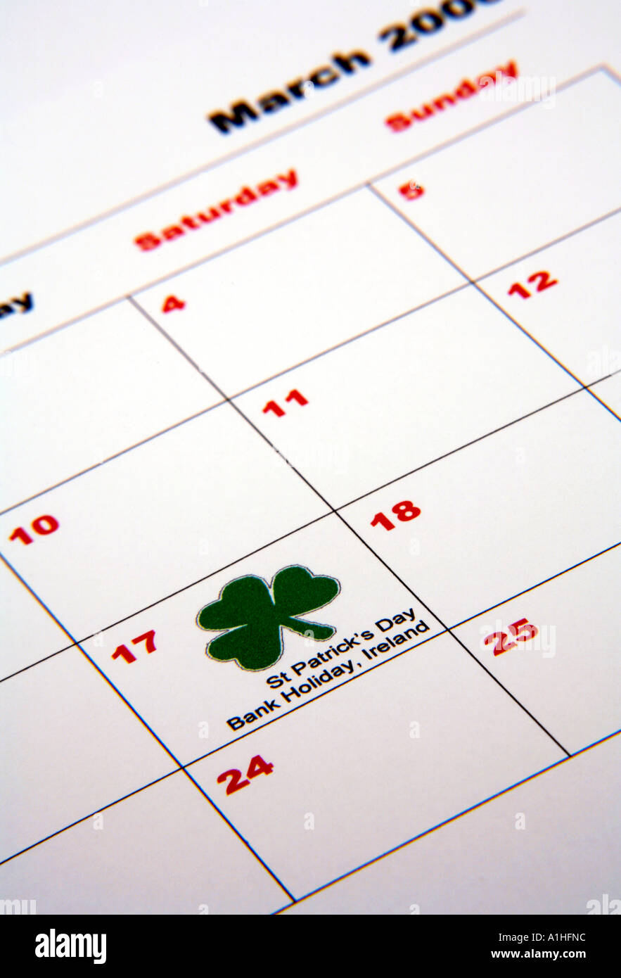 St Patricks Day Marked in a Calendar or Diary with a clover leaf ...
