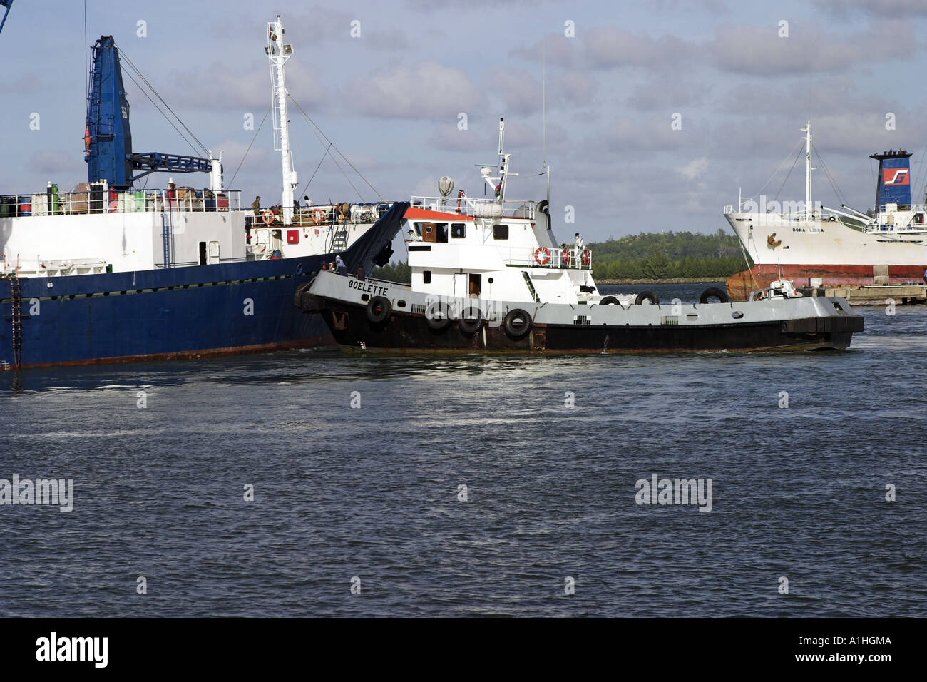 Tug manoeuvring a large tuna trawler Stock Photo - Alamy