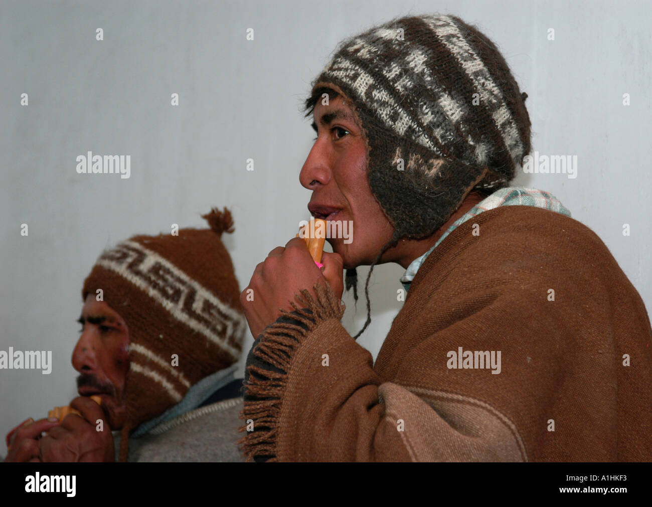 Flute players in the village turku in the Andes Bolivia Stock Photo - Alamy