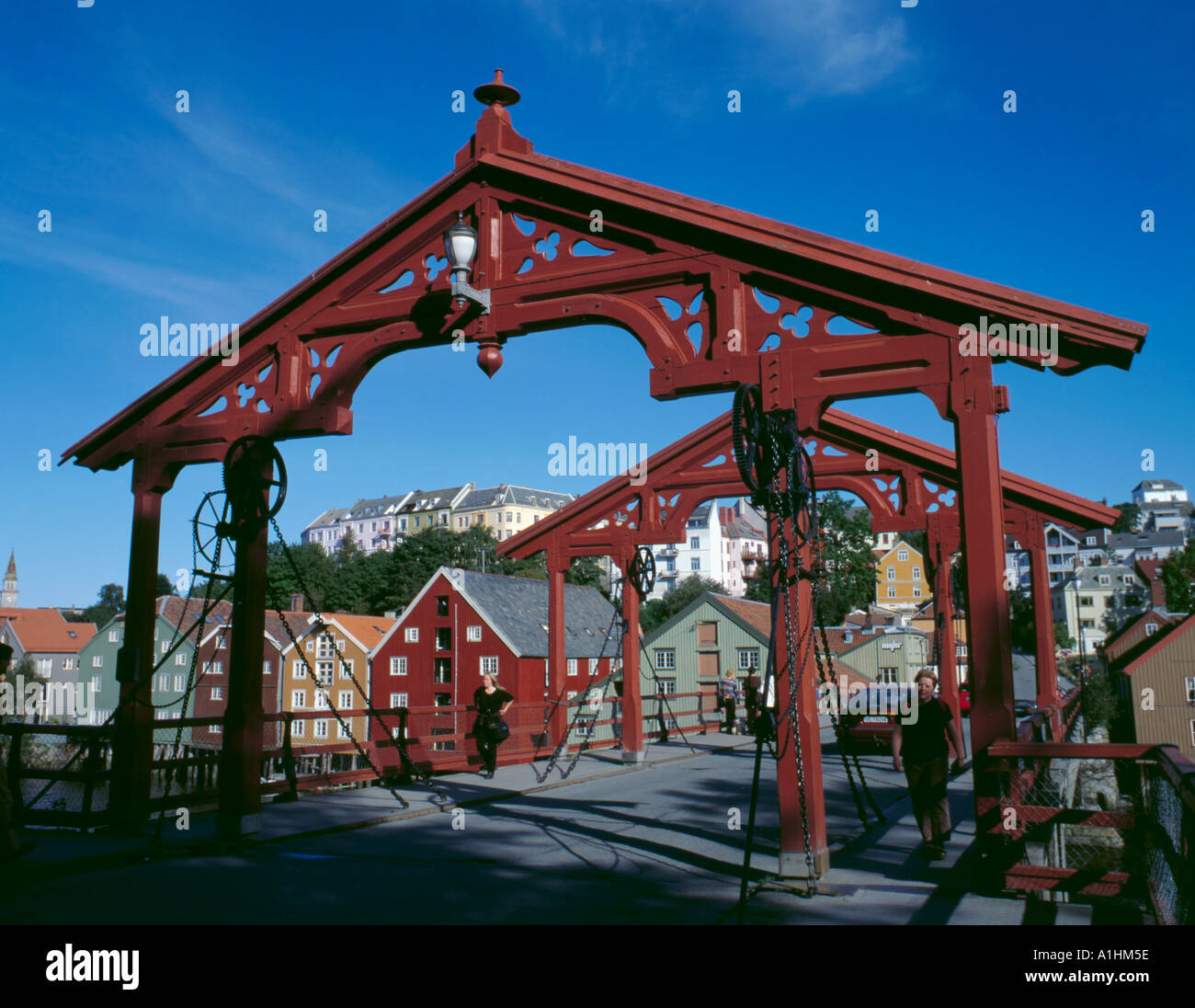 View over Gamle Bybrua (Old Town Bridge) over the Nidelva, central ...