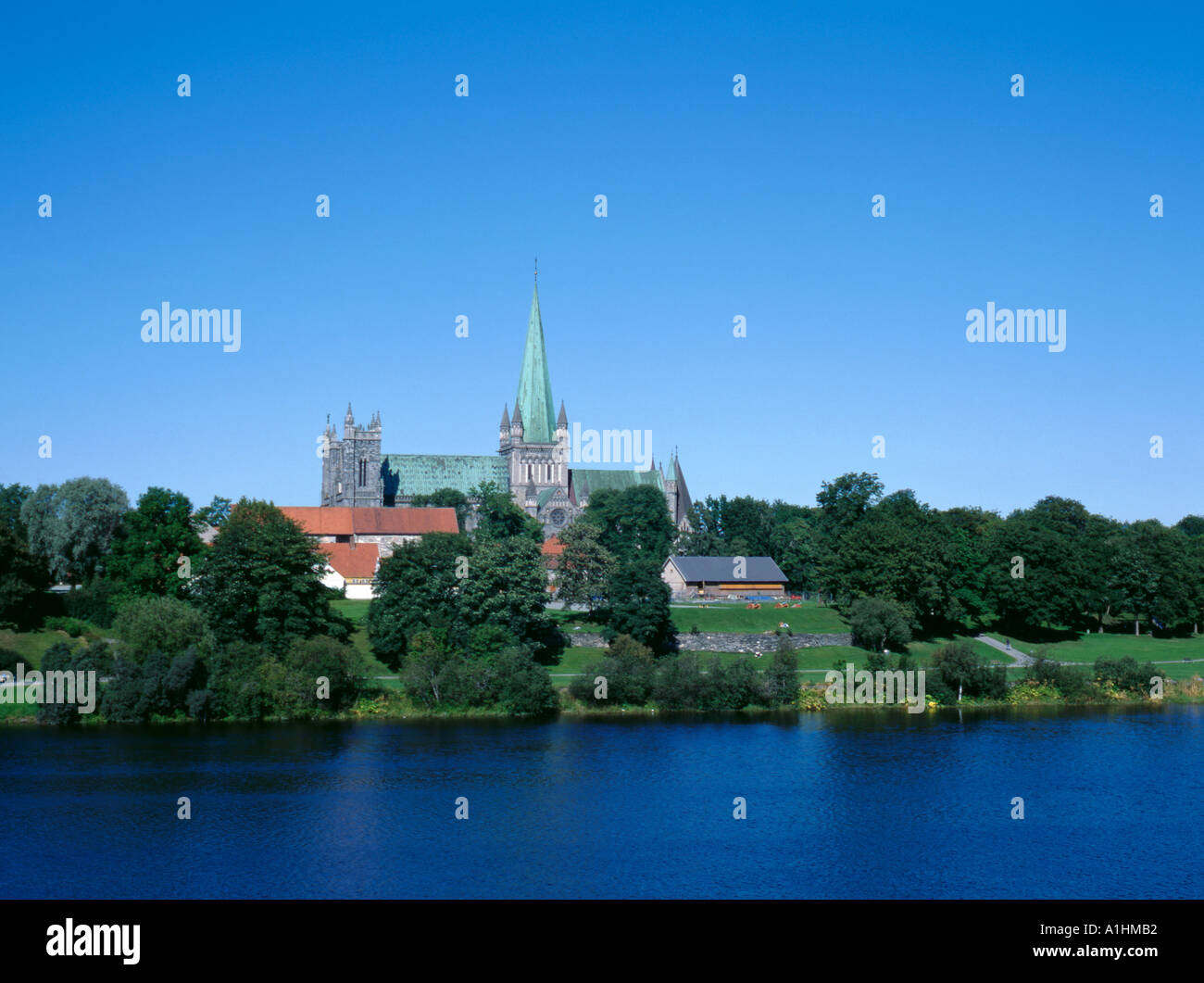 Nidarosdomen (Nidaros Cathedral) seen from the south over Nidelva ...