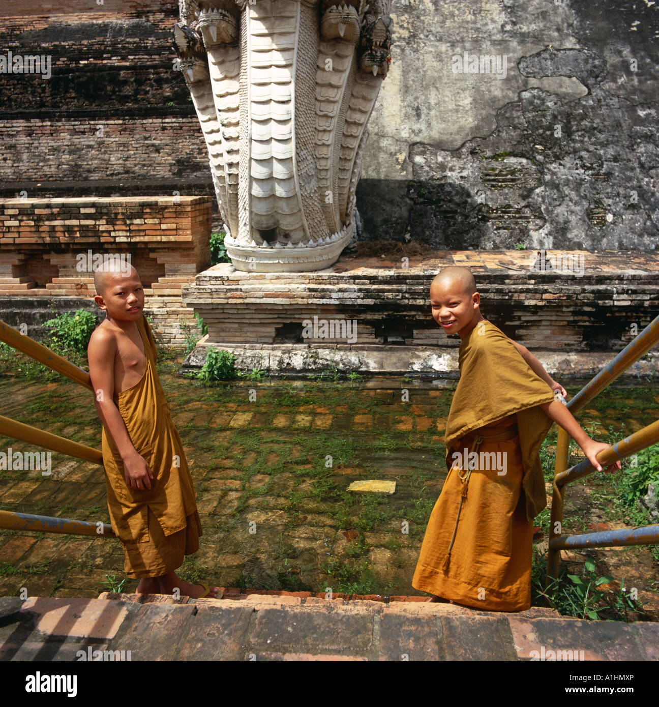 Boy Buddhist Monks In Orange Robes At Wat Chedi Luang Chaing Mai ...