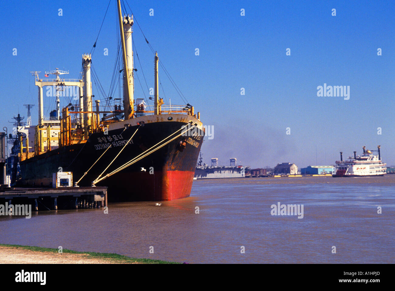 Ships in Commercial Port of New Orleans on the Mississippi River in ...