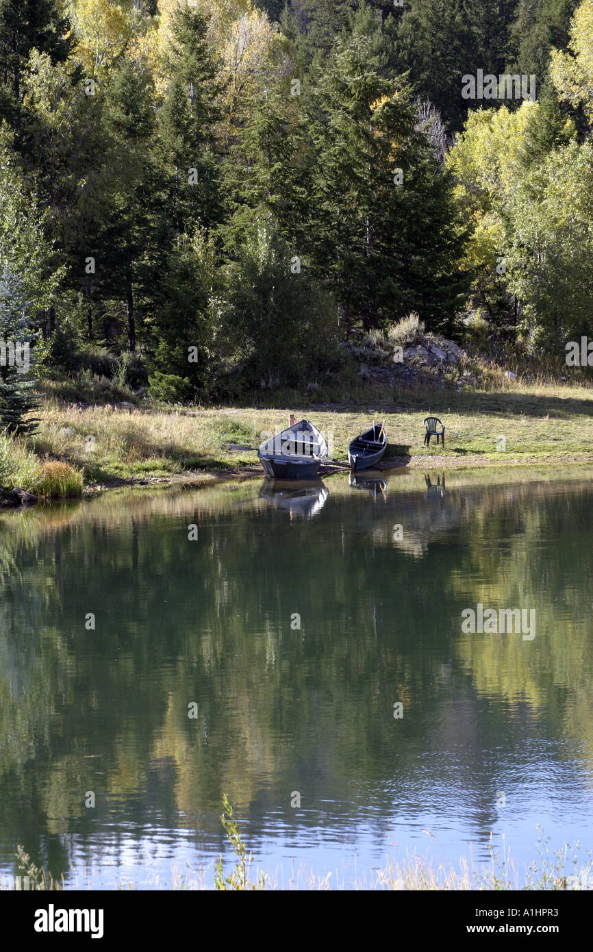 Pond with reflections of trees with two canoes on edge near Jackson ...