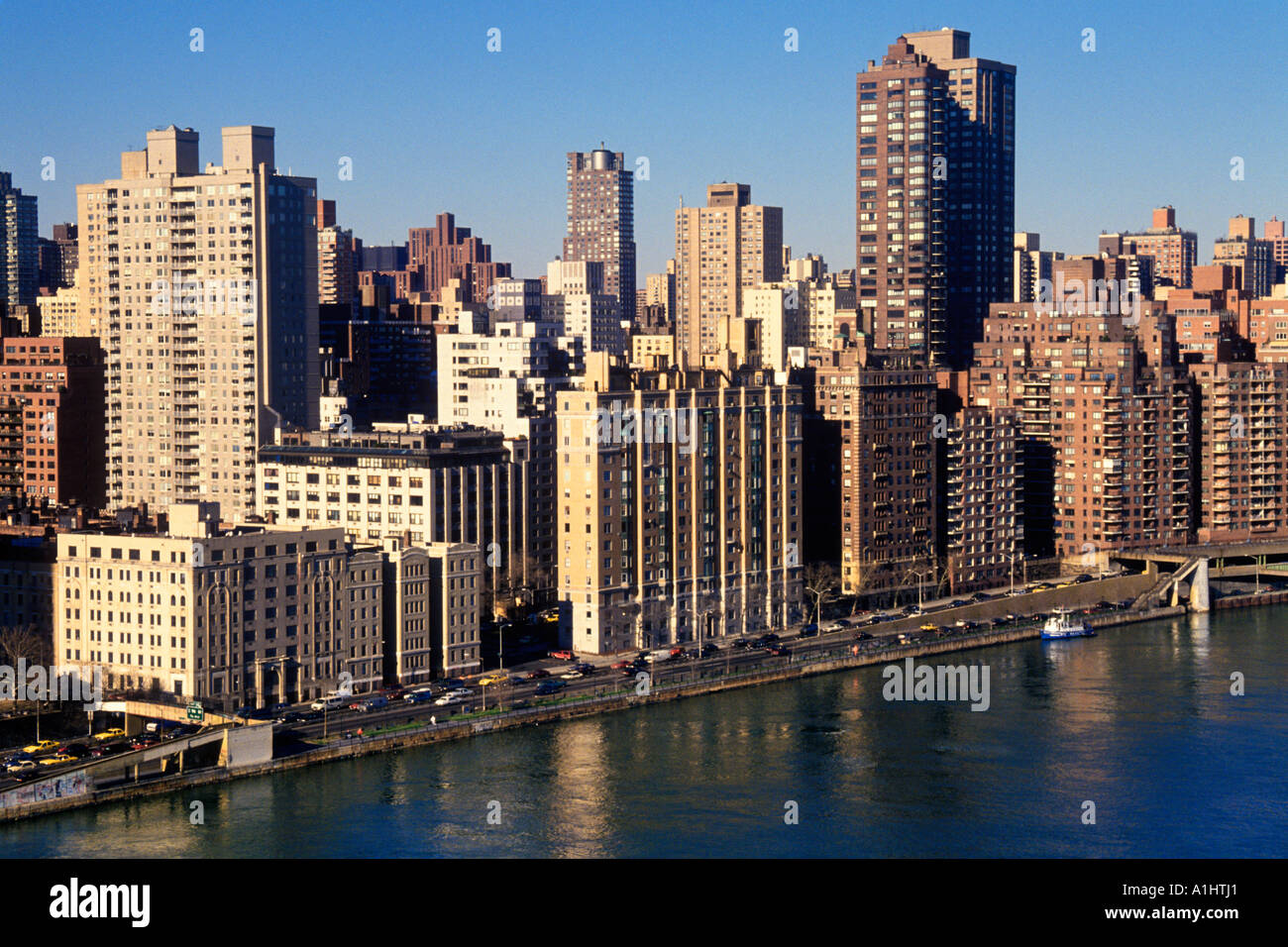 New York City Aerial of the East River and Buildings on the FDR Drive ...