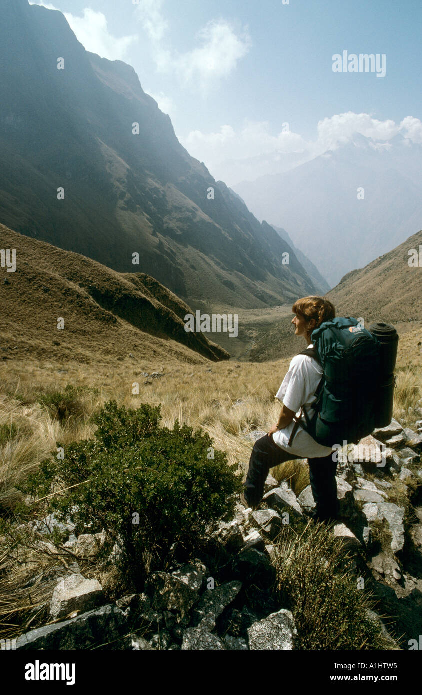 Ecotourist hiking through Dead Woman Pass the highest point on the Inca ...