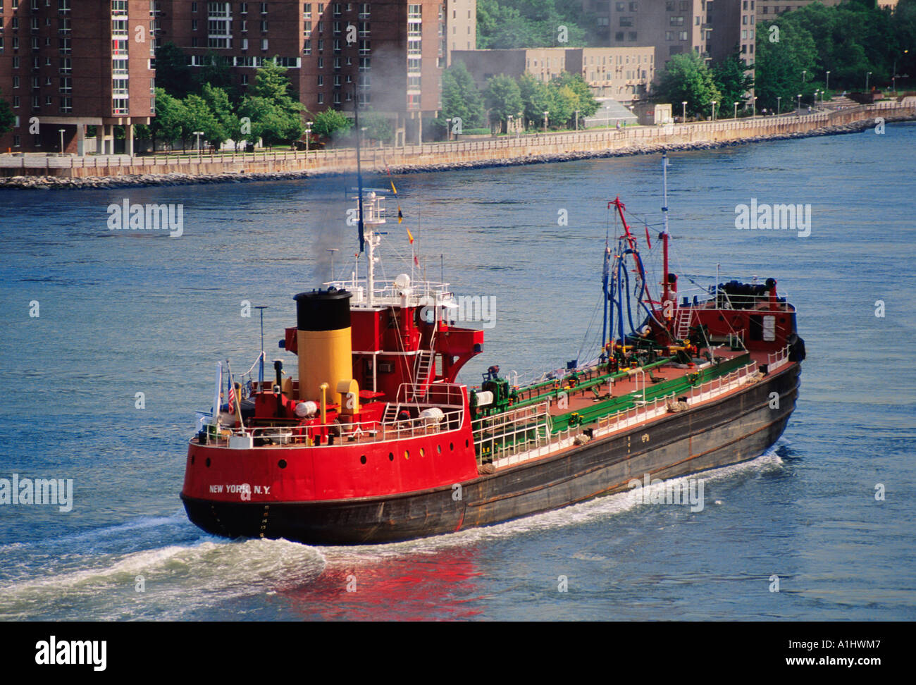 Oil tanker ship high angle view, East River, New York City, New York ...