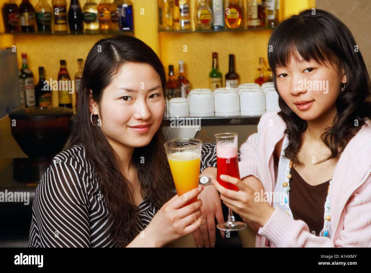 Portrait of two young women sitting at a bar counter raising a toast ...