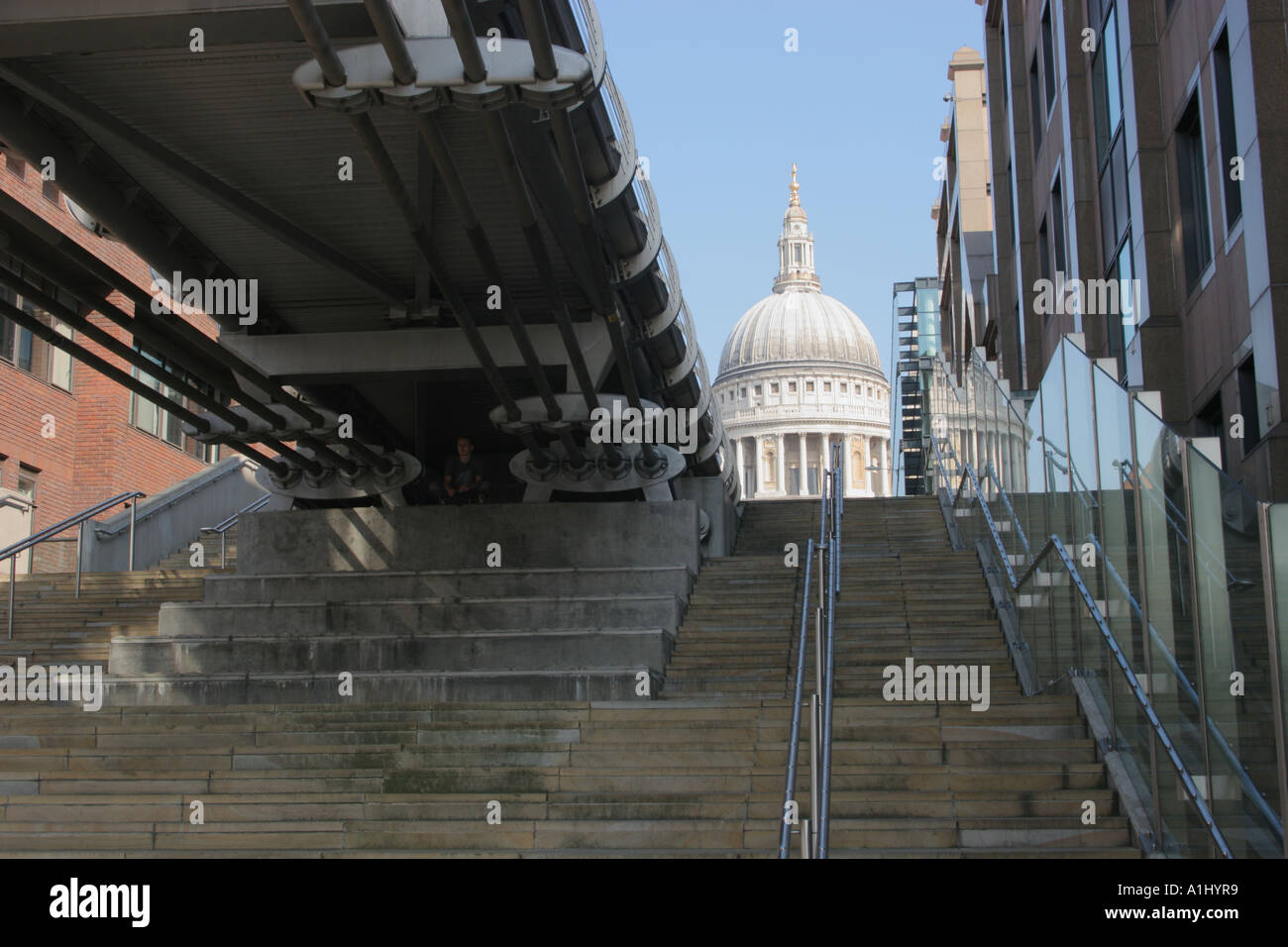Steps leading up to Millennium Bridge and St Paul s Cathedral London UK ...