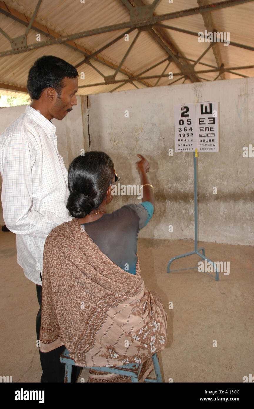 A woman has a free eye test at a screening camp in a village in ...