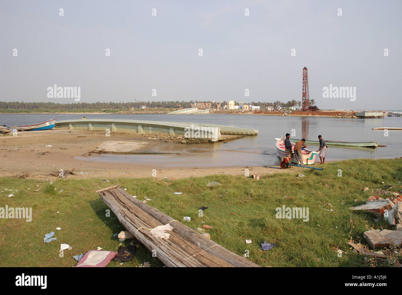 A concrete bridge destroyed by the tsunami off the coast of Tamil Nadu ...