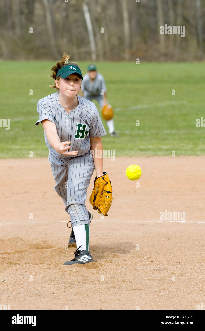 Female softball action throwing a ball Stock Photo - Alamy