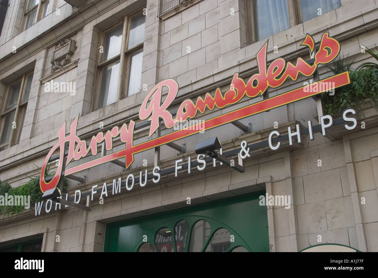 Harry Ramsden famous fish and chips sign in Soho London UK Stock Photo ...