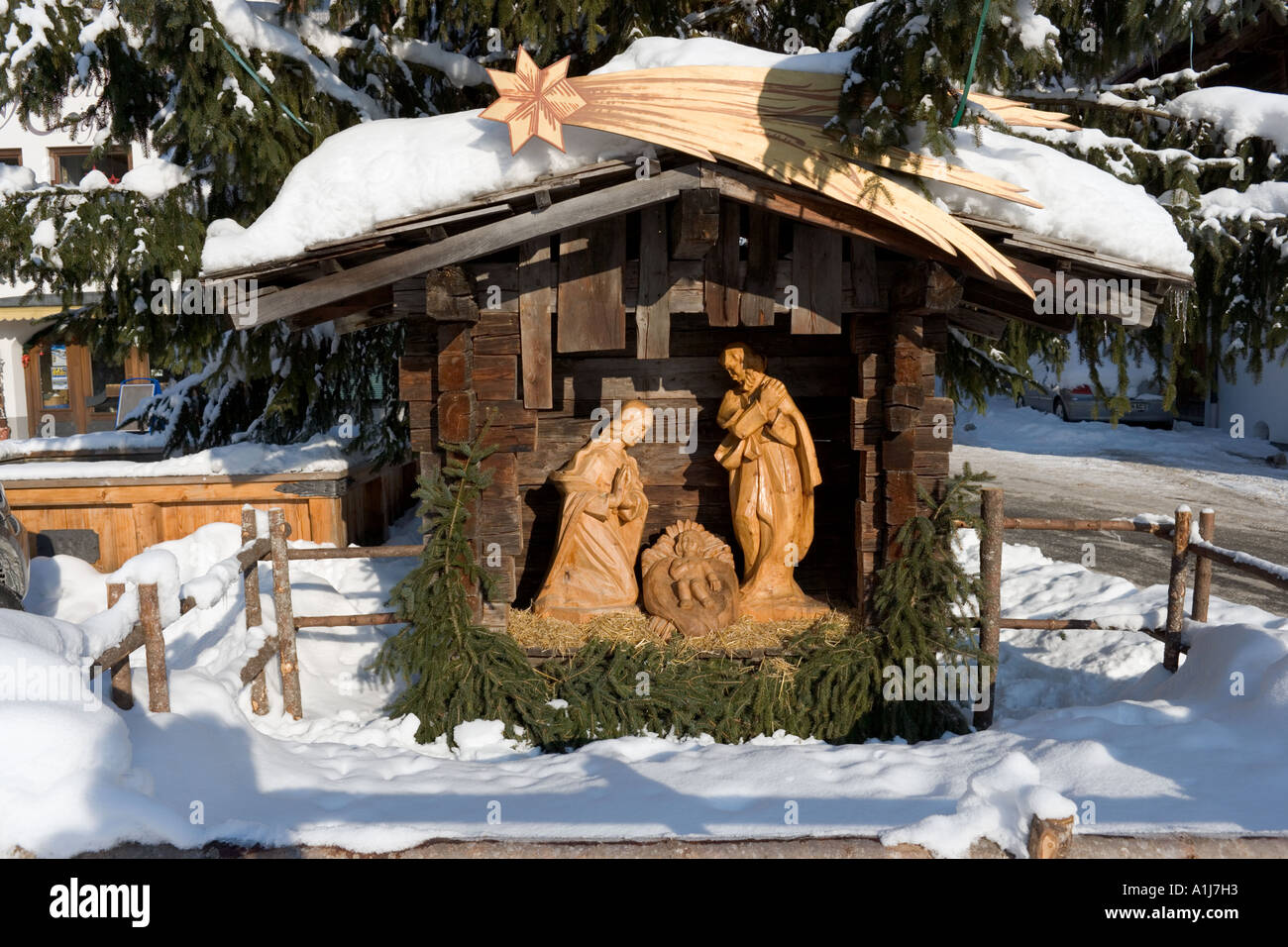 Carved Nativity scene in the village centre, Waidring, Pillerseetal ...