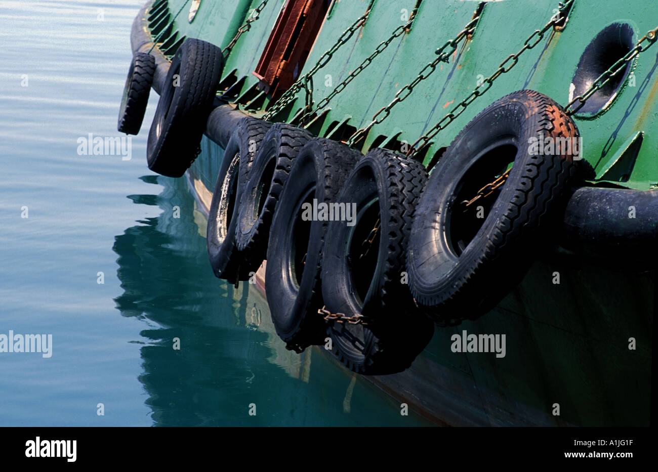 Close up Side view of Tug Boat showing chained tyres Split Harbour ...