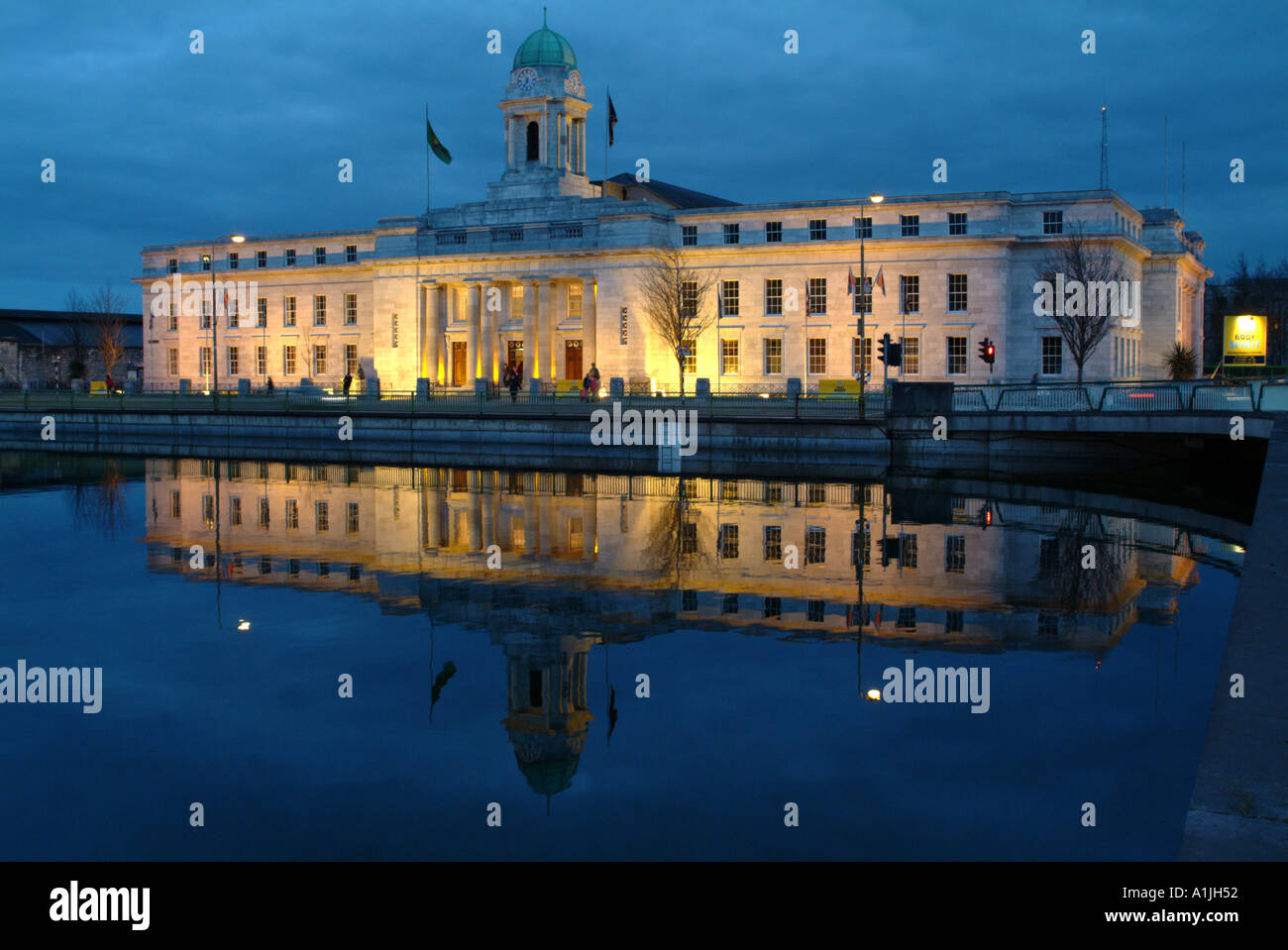 Floodlit City Hall seen from Lapps Quay in Cork southern Ireland Eire ...