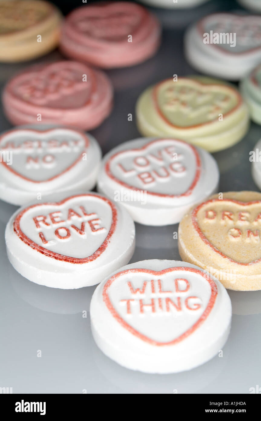 Valentine s Day candies with love messages Stock Photo - Alamy