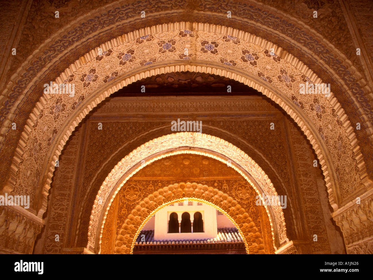Carved stone archways within the Alhambra in the capital city of ...