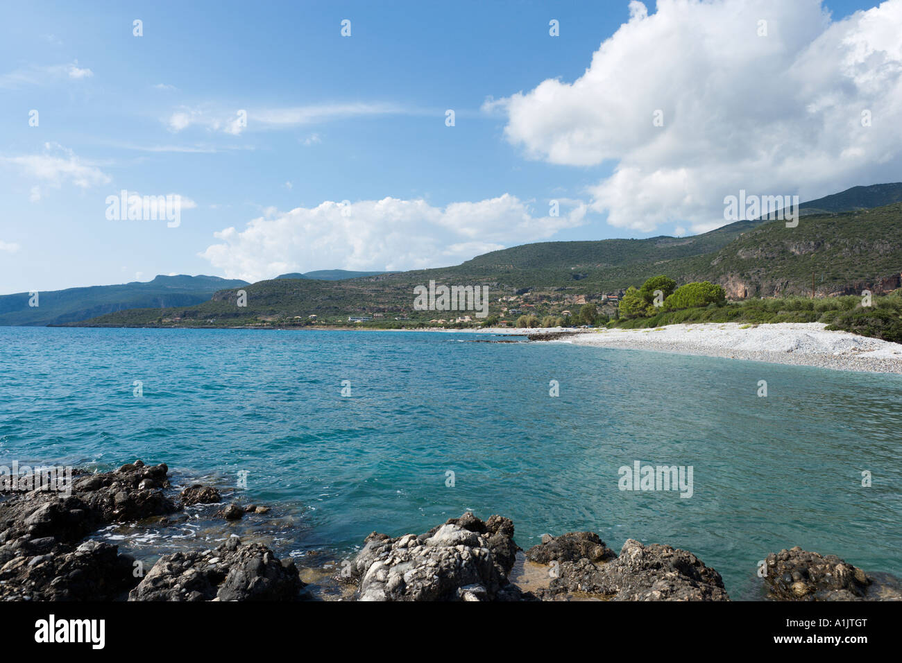 The main beach in Kardamyli, The Mani peninsula, Peloponnese, Greece ...