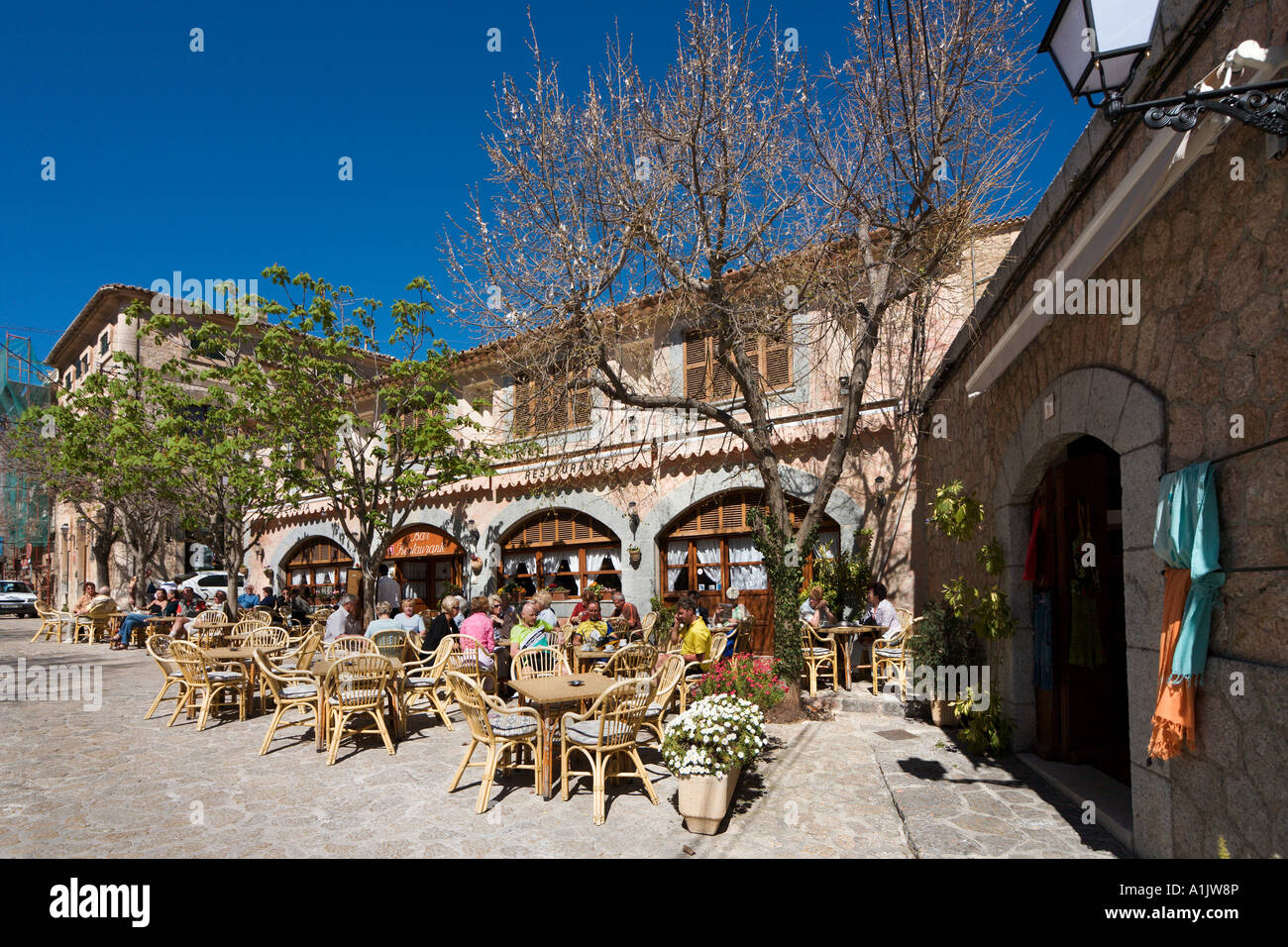 Cafes and Shops in the town centre, Valldemossa, Mallorca, Balearic ...