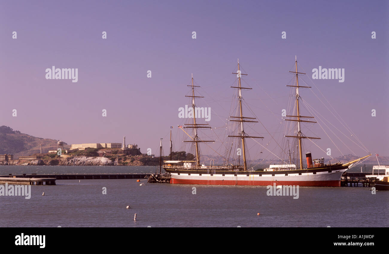 Alcatraz Island and Balclutha sailing ship San Francisco Bay California ...