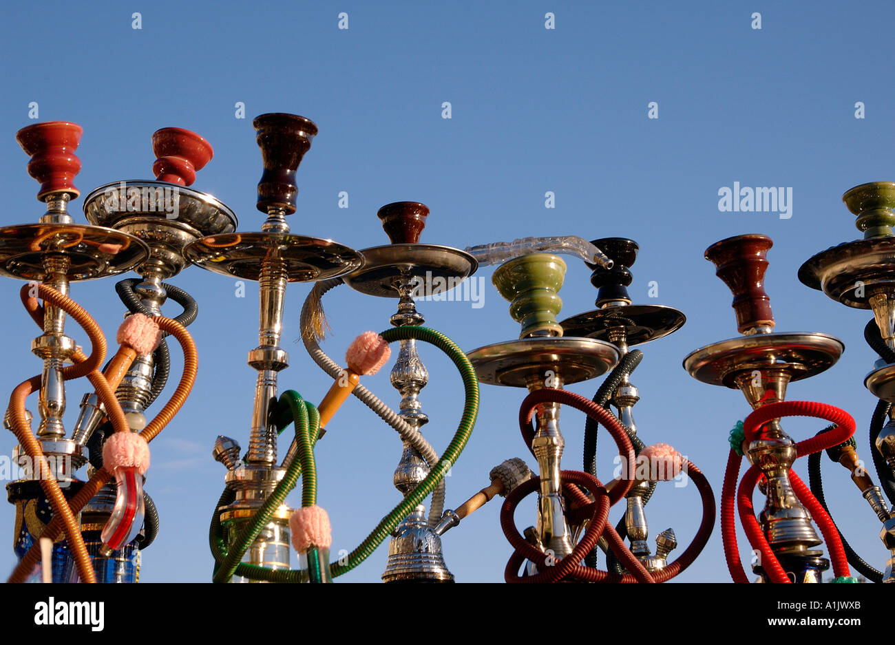 Stack of hookah pipes also known as a water pipe, Narghile, nargeela ...