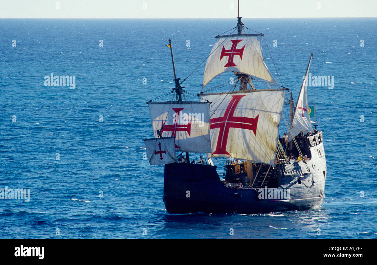 Historic sailing ship "Santa Maria" on Atlantic Ocean, Funchal Stock ...