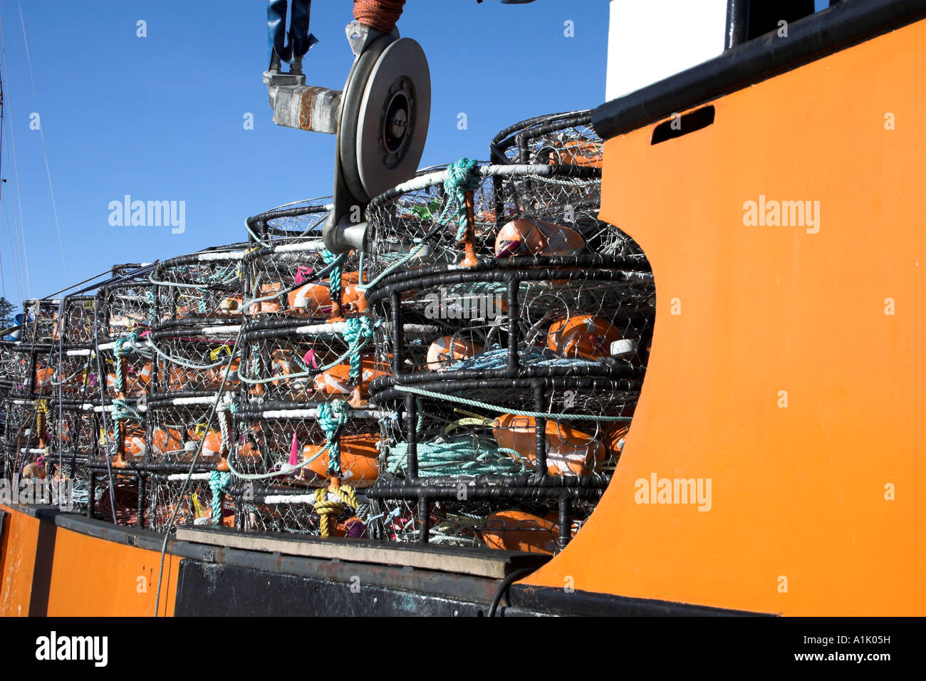Closeup of a Commercial fishing boats loaded with crab pots Stock Photo ...