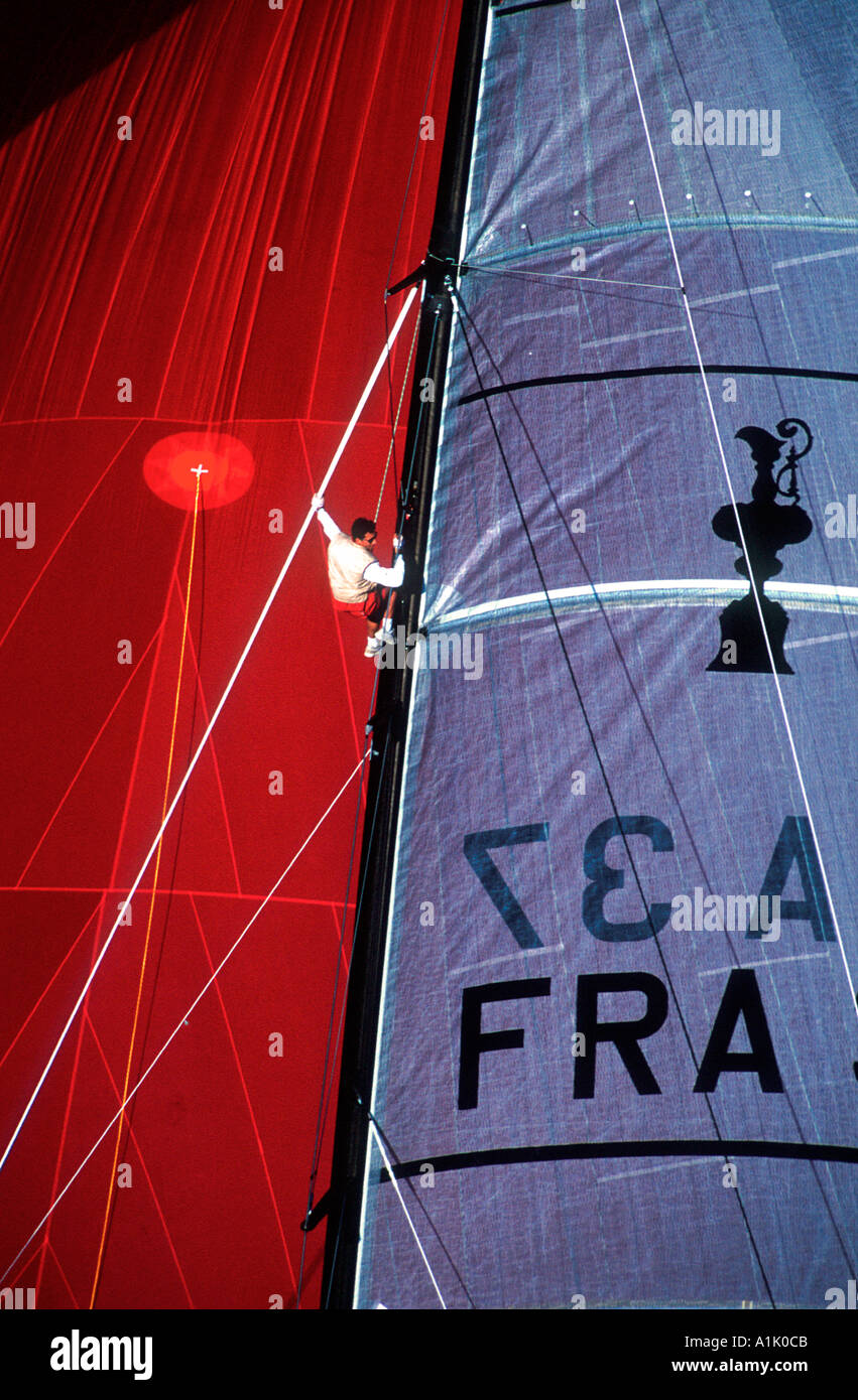 French crew man aloft in the Americas Cup San Diego California USA ...