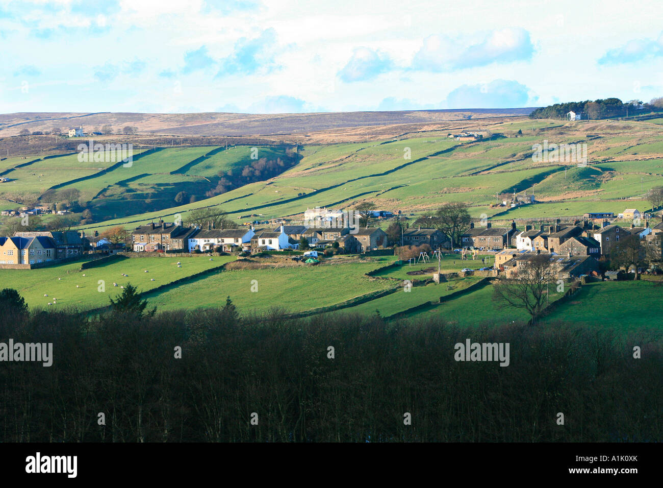 The village of Stanbury Haworth West Yorkshire in late autumn sunshine ...