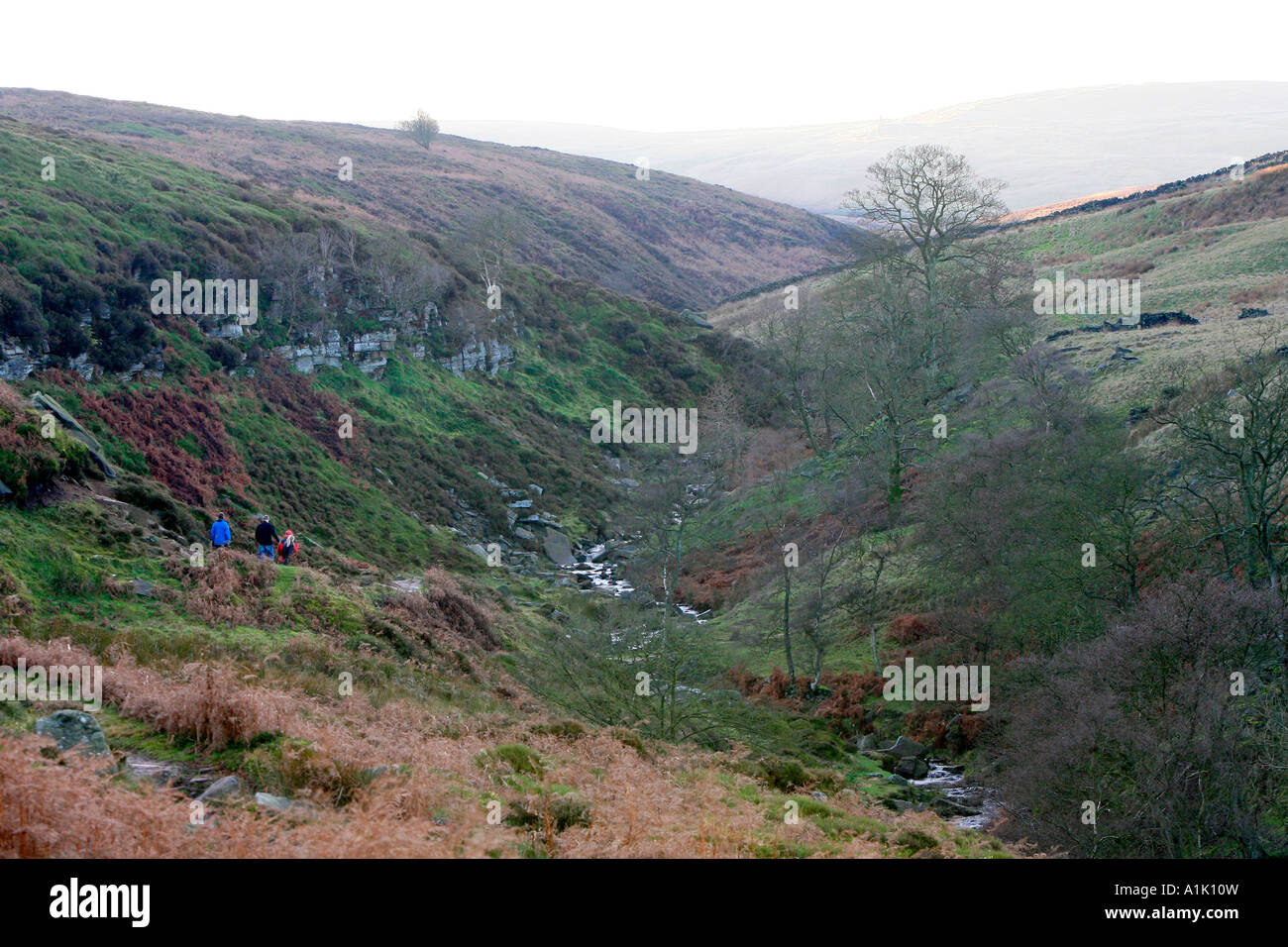 Walkers on the path leading to Bronte Waterfalls, Haworth Stock Photo ...