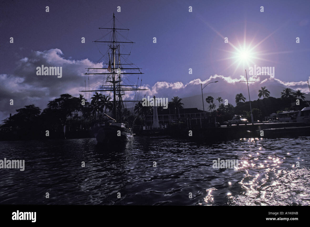 Hawaii Maui Lahina harbor silhouette of square rig sailing vessel Stock ...