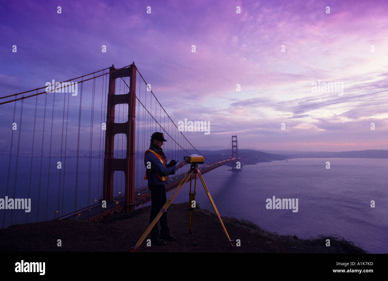 surveyor using GPS positioning system overlooking Golden Gate Bridge ...