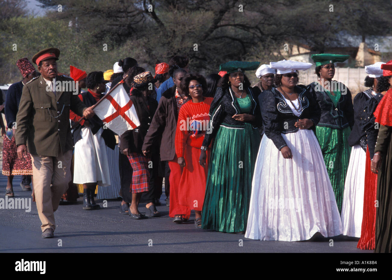 Herero women wearing traditional dress in procession for the Ma Herero ...