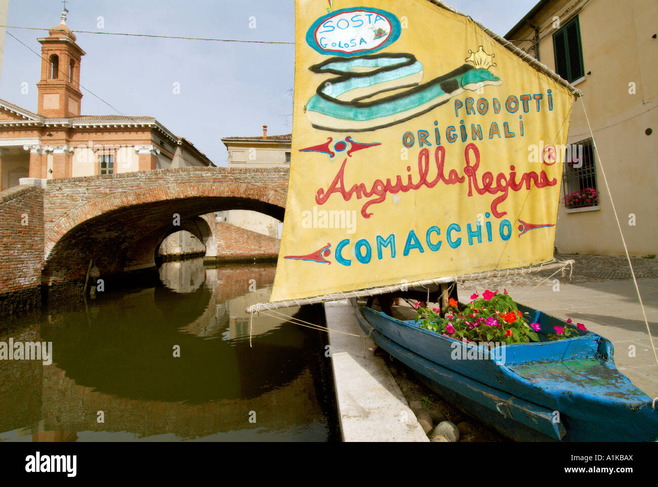 Comacchio Italy Decorative fishing boat advertises a restaurant ...