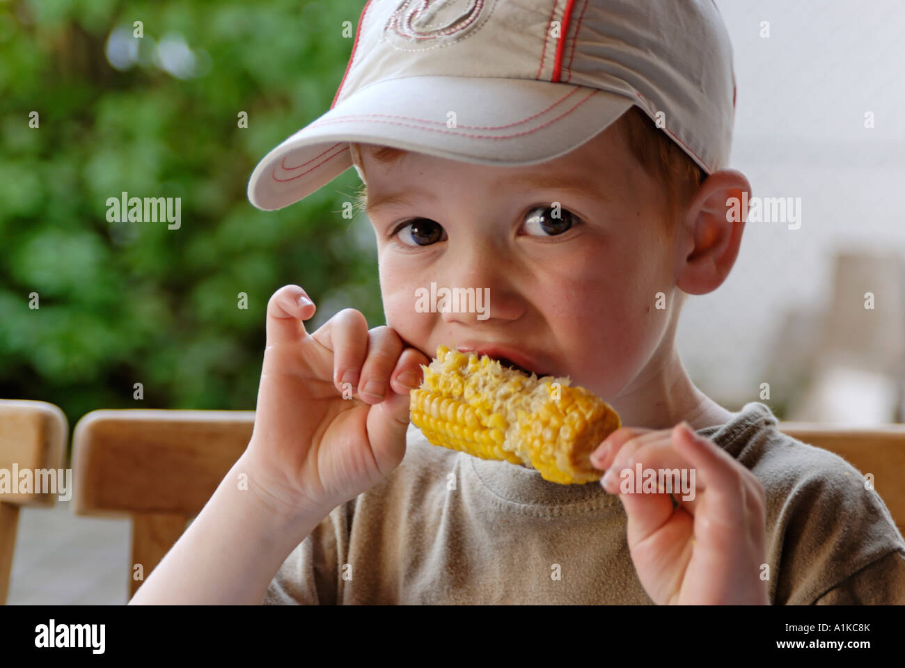 Little boy is eating a barbecue corn cob Stock Photo - Alamy