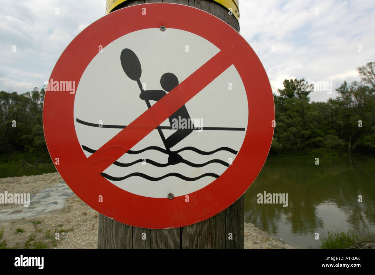 Schoenau at the Danube, riverside forests, sign (no canoeing Stock ...