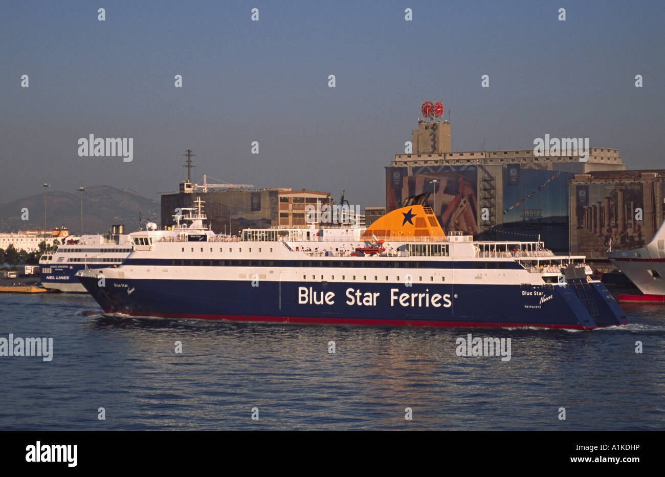 Blue Star Naxos Greek Blue Star Ferries ferry leaving Piraeus Stock ...
