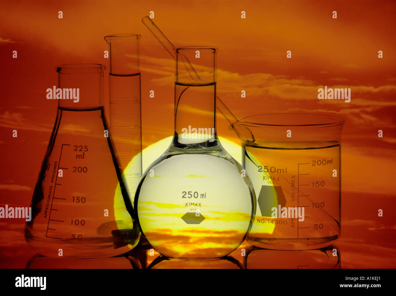 concept telephoto view of huge sunset in Florida behind laboratory ...
